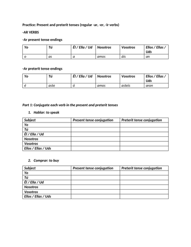 Present and preterit regular verbs practice | Teaching Resources