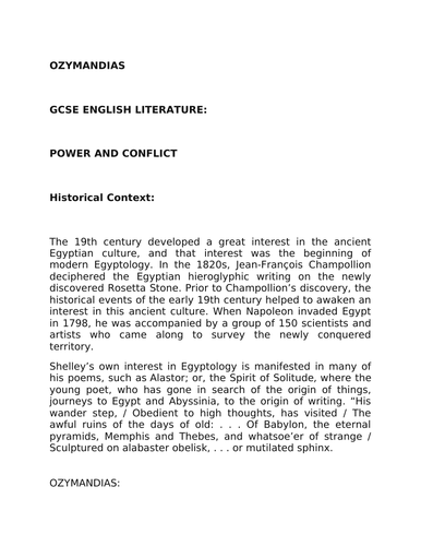GCSE OZYMANDIAS lesson plan English Literature - poetry anthology ...