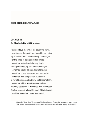 Elizabeth Barrett Browning - How Do I Love Thee - GCSE ENGLISH ...