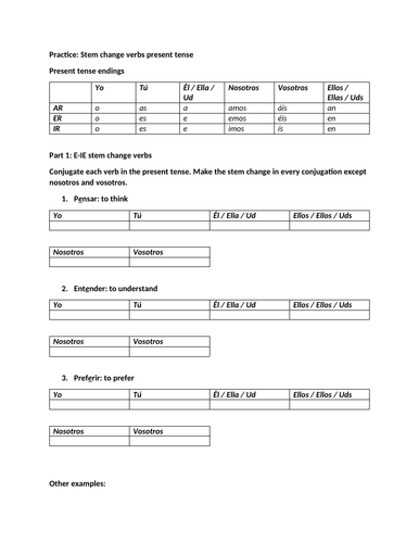Stem change verbs short practice (present tense) | Teaching Resources