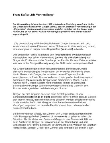 Franz Kafka Die Verwandlung - A LEVEL GERMAN ESSAY QUESTIONS | Teaching ...