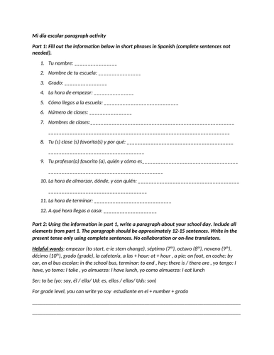 Mi día escolar original paragraph writing activity | Teaching Resources