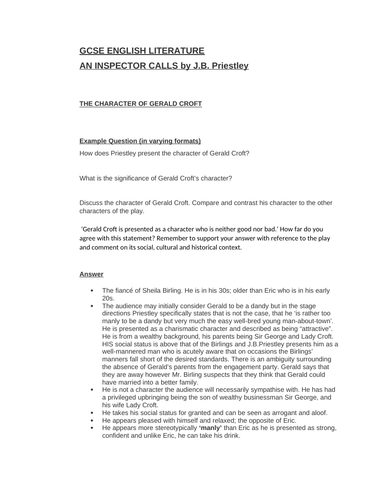 GCSE ENGLISH LITERATURE AN INSPECTOR CALLS - the character of Gerald ; essay structure; key ...