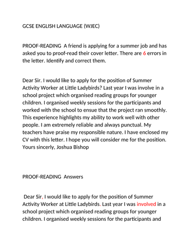 GCSE EGLISH LANGUAGE WJEC - proofreading worksheet | Teaching Resources