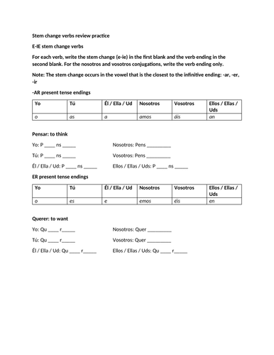 Stem change verbs quick review (present tense) | Teaching Resources
