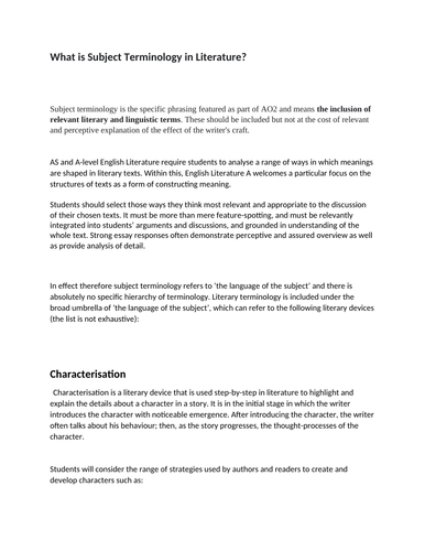 AO2 SUBJECT TERMINOLOGY - A LEVEL ENGLISH LITERATURE - examples from ...