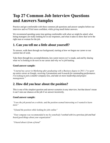 Top 27 Common Job Interview Questions and Answers | Teaching Resources Top 27 Common Job Interview Questions and Answers | Teaching Resources