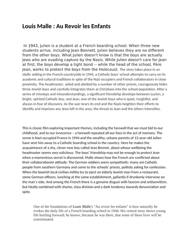 Au revoir Les Enfants FRENCH A LEVEL A* NOTES - EXAMINATION QUESTIONS ...