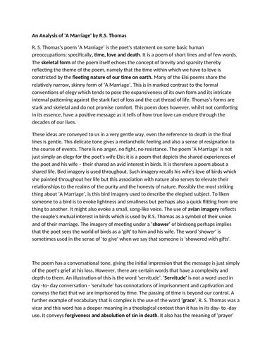 GCSE ENGLISH POETRY ANALYSIS MARRIAGE BY R.S. THOMAS - A* | Teaching ...