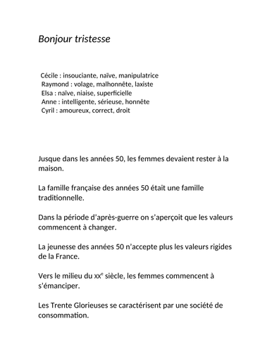 Study Aid for Writing an A* A level essay on BONJOUR TRISTESSE - A ...