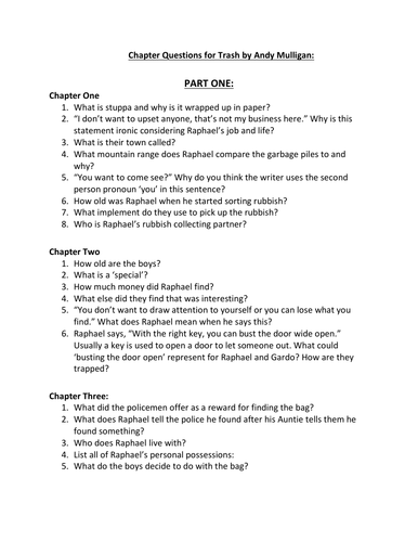 Chapter Questions for Trash by Andy Mulligan: | Teaching Resources