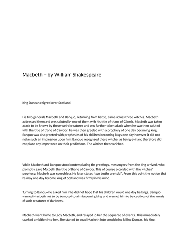 A summary of the Plot of Shakespeare's Macbeth - KS2 YEAR 6 - AN ...