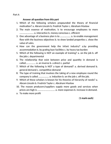 Examination and Assessment Business Studies Year 9 | Teaching Resources