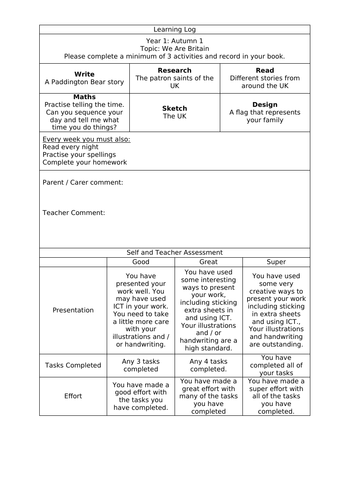 Year 1 Learning Log | Teaching Resources
