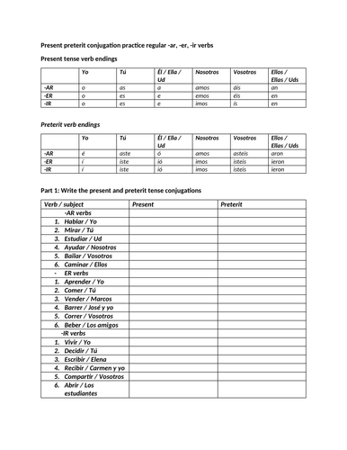 Present and preterit regular verbs practice | Teaching Resources