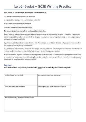 Le bénévolat – GCSE Writing Practice | Teaching Resources