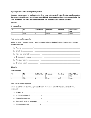Regular preterit sentence structured practice | Teaching Resources