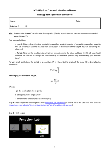 MYP4&5 Physics - Criterion C - Finding g from a pendulum (simulation ...