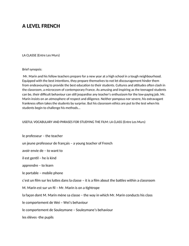 A* Vocabulary for Discussing / Essay Writing ENTRE LES MURS FRENCH A ...