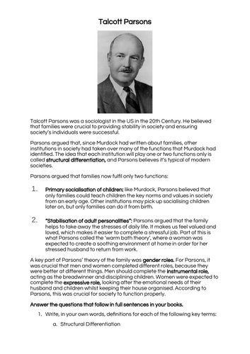 GCSE Sociology- Functionalism & the Family lesson 2 | Teaching Resources