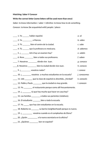 Saber v Conocer matching practice | Teaching Resources