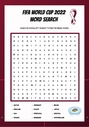 FIFA World Cup Teams Word Search Quiz Game. Football Activity Sheet and ...