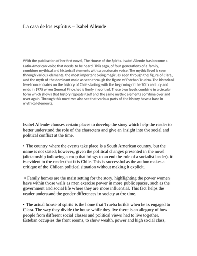 La casa de los espíritus – Isabel Allende- A LEVEL SPANISH REVISION ...