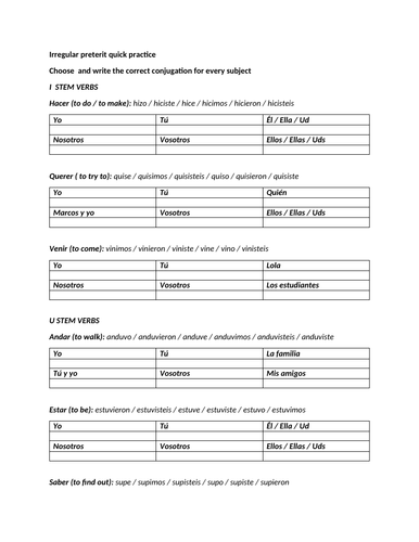 Irregular Preterit Quick Practice Teaching Resources