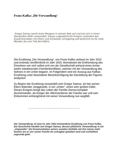 FRANZ KAFKA DIE VERWANDLUNG - revision notes for German A LEVEL ...