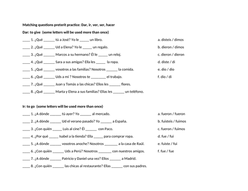 Preterit dar, ir, ser, ver, hacer questions matching practice ...