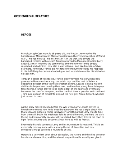 Revision Notes GCSE ENGLISH LITERATURE - Robert Cormier's novel "Heroes ...