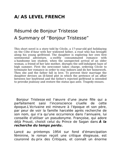 Studying Bonjour Tristesse - suggested sentences for essay writing; A ...