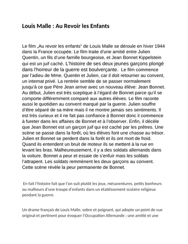 Revision Aid for studying Au Revoir Les Enfants - A LEVEL FRENCH ...