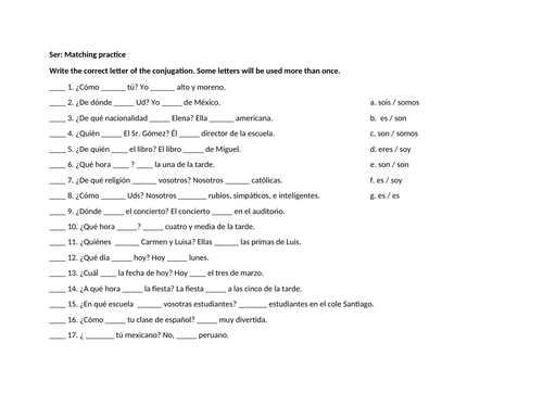 Ser questions matching practice | Teaching Resources
