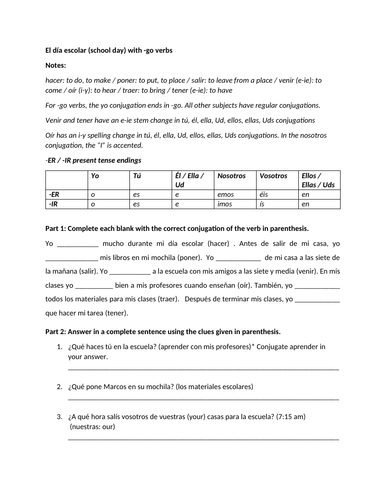 El día escolar (school day) with -go verbs | Teaching Resources