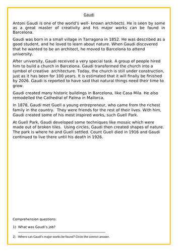 Gaudi Comprehension +worksheet | Teaching Resources