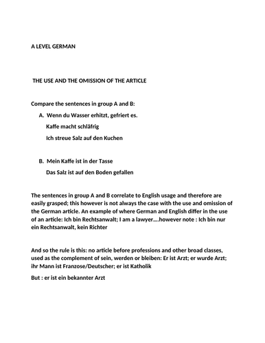 GERMAN A LEVEL LANGUAGE LESSON PLAN -- THE USE AND THE OMISSION OF THE ...