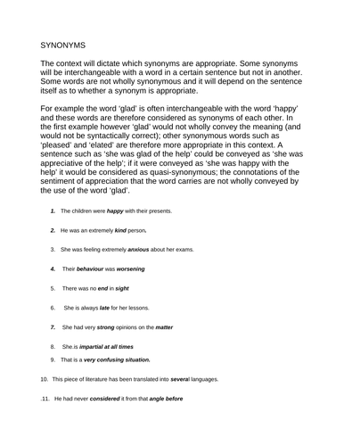 Year 6 English Language Teacher's Resource - Worksheet on Vocabulary ...