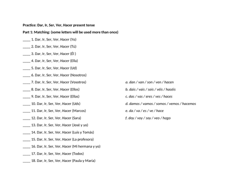 Practice: Dar, ir, ser, ver, hacer present tense | Teaching Resources