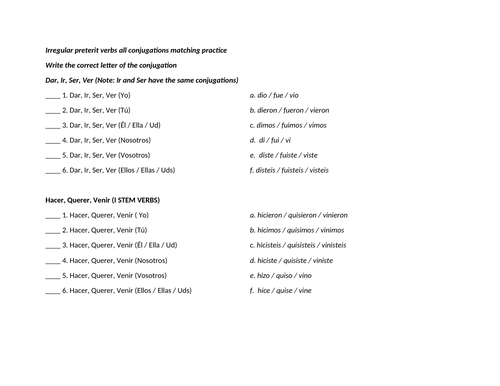 Irregular preterit verbs all conjugations matching practice | Teaching ...