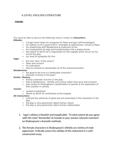 A LEVEL ENGLISH LITERATURE a bank of essay questions on OTHELLO ...