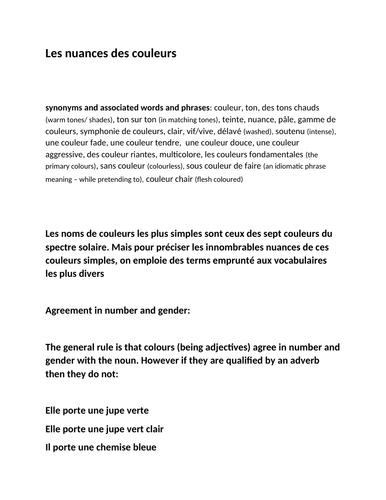 French A LEVEL revision resource - expanding vocabulary - colours and ...