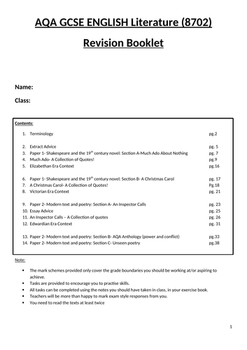 AQA GCSE Literature Revision Booklet | Teaching Resources AQA GCSE Literature Revision Booklet | Teaching Resources