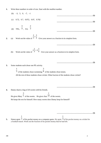 Fractions Exam Questions | Teaching Resources