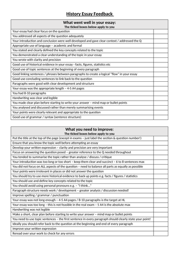 LC History Essay Feedback Sheet | Teaching Resources