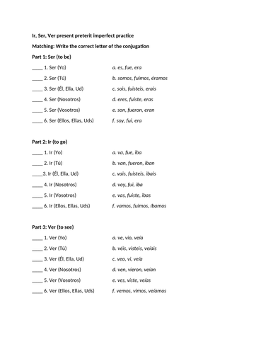Ir, Ser, Ver present preterit imperfect practice | Teaching Resources