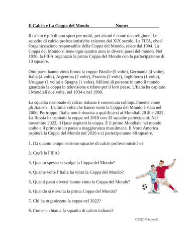 Il Calcio e La Coppa del Mondo Lettura en Italiano: World Cup Reading ...