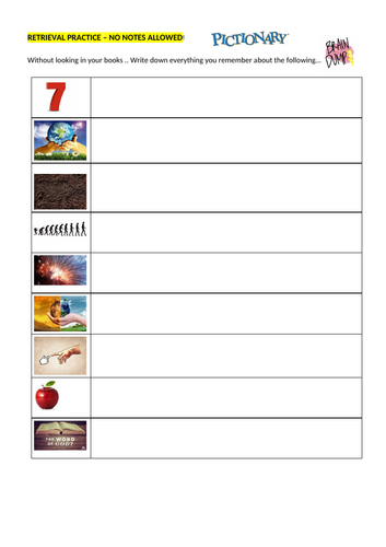 Retrieval Pictionary Worksheet | Teaching Resources