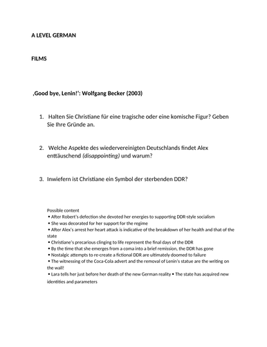 Bank of exam questions Goodbye Lenin A LEVEL GERMAN -TEACHERS RESOURCE ...