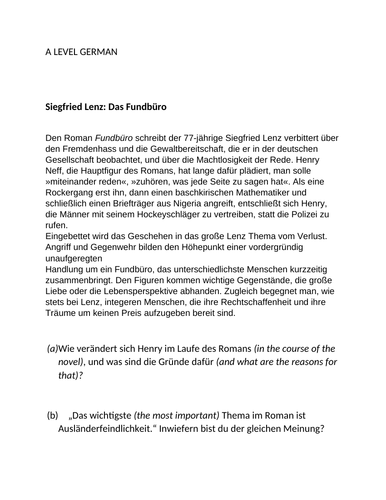 Siegfried Lenz: Das Fundbüro: teacher resource: bank of essay questions ...
